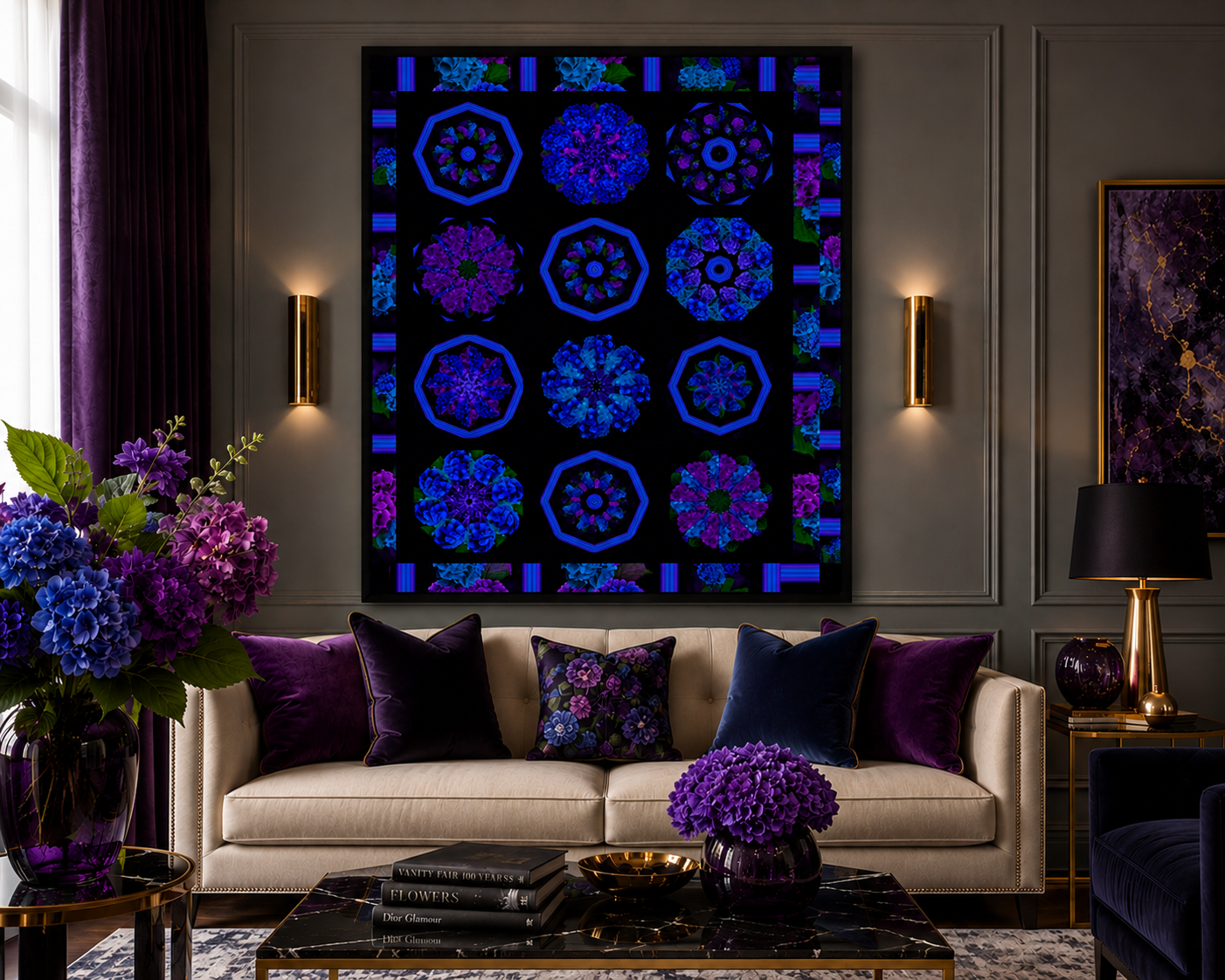 Midnight Blooms / Stripe Pre-Cut Kaleidoscope Quilt Kit | Purple & Blue ...
